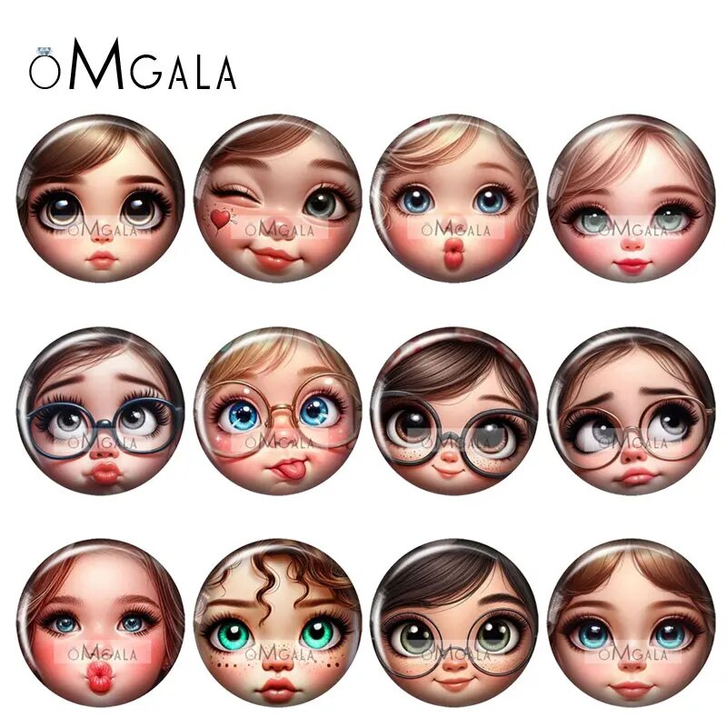 Стеклянные кабошоны «Мордочки матрешек» OMGALA, 10 шт, 8-40 мм 12 мм, Mix 12pcs