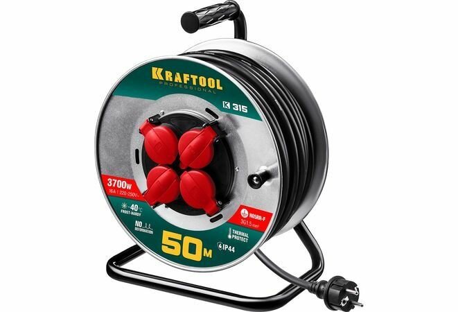Удлинитель на катушке 55085-50_z01 KRAFTOOL, 4 гнезда, IP44, КГ 3x1,5 кв мм, 3700 Вт, 50 м