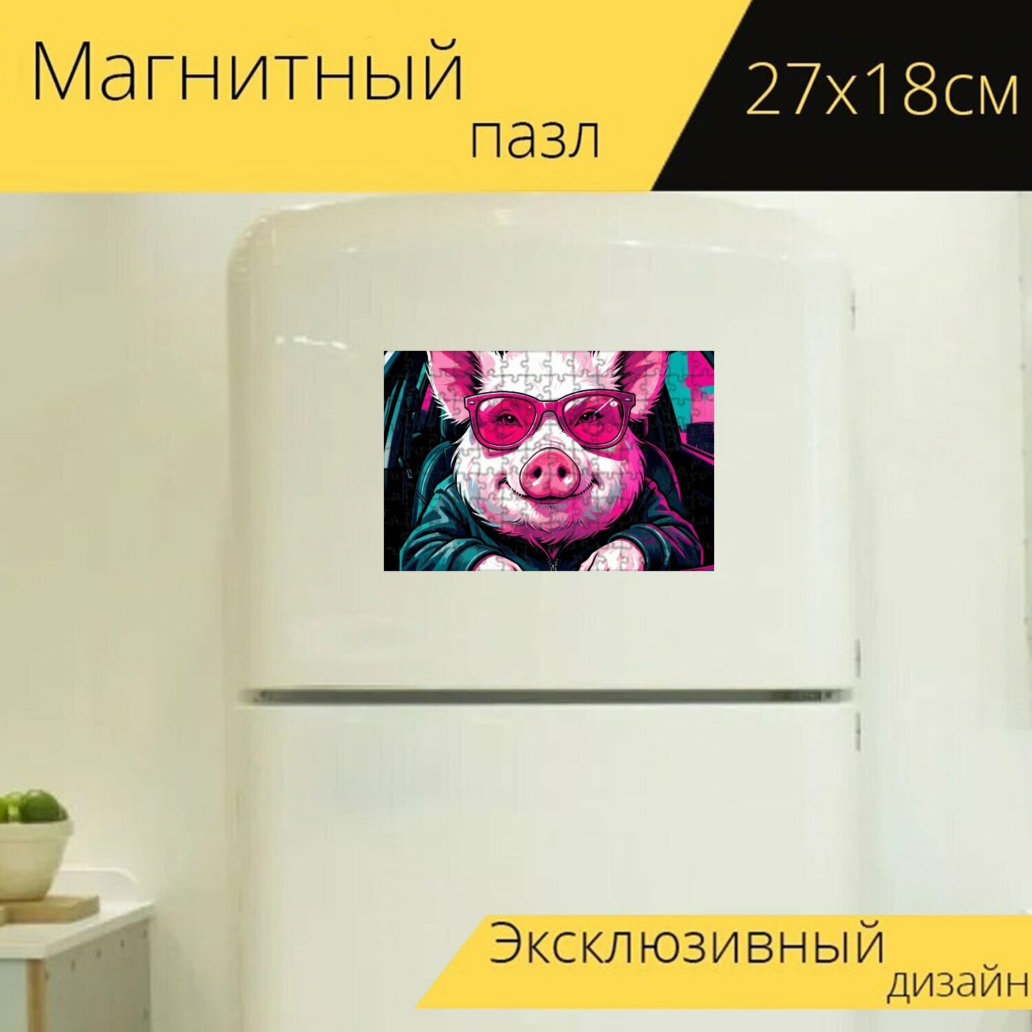 Магнитный пазл "Свинья в розовых очках. Неоновый поросёнок за рулём в стиле киберпанк, крупный план, яркие фуксия и бирюза, дерзкая городская атмосфера." на холодильник 27 x 18 см.