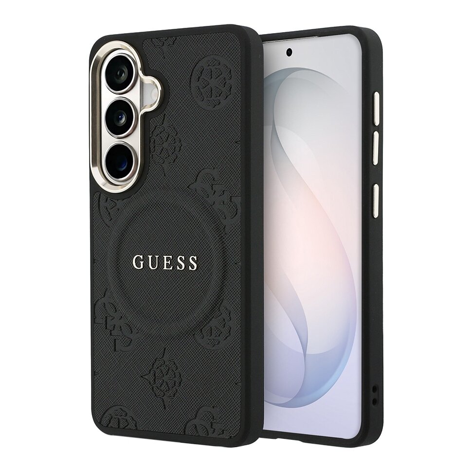 Guess чехол с MagSafe для Galaxy S26, кожа PU Saffiano Peony, Metal logo & Camera, черный