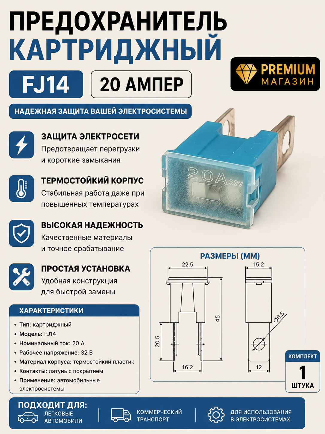 Предохранитель картриджный FJ14 20 Ампер ( FJ14) Евро стандарт