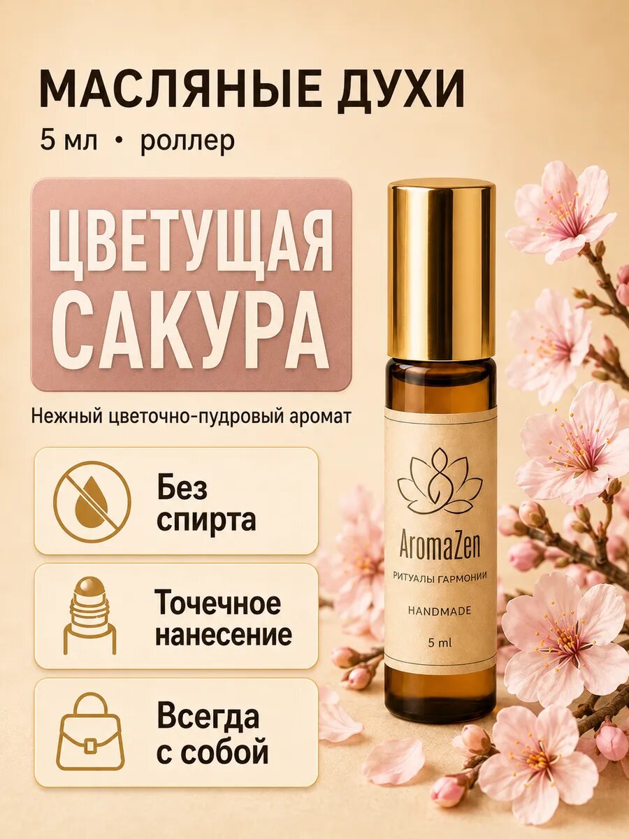 Масляные духи роллер "Цветущая сакура", женские, без спирта, шариковые, 5 мл