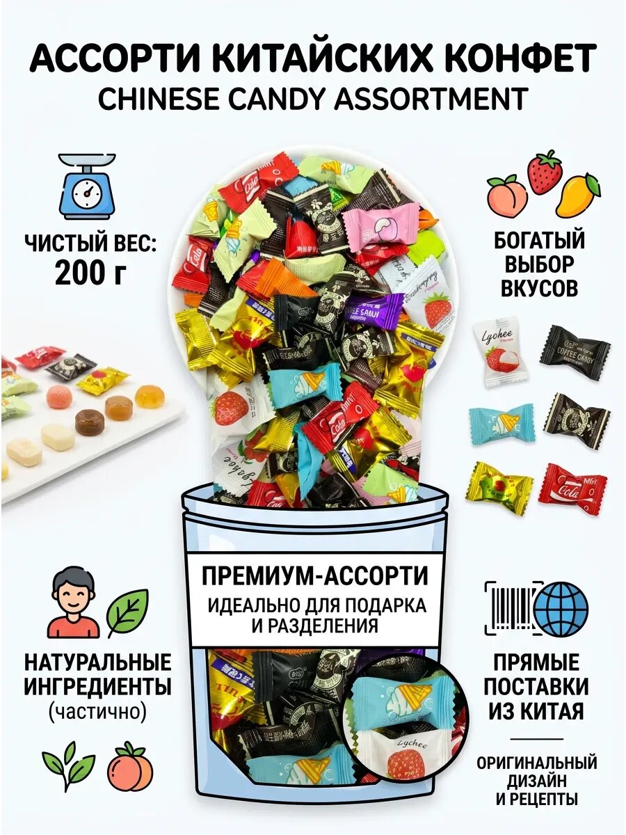 Конфеты Ассорти, китайские, освежающие, 200г, картонная упаковка