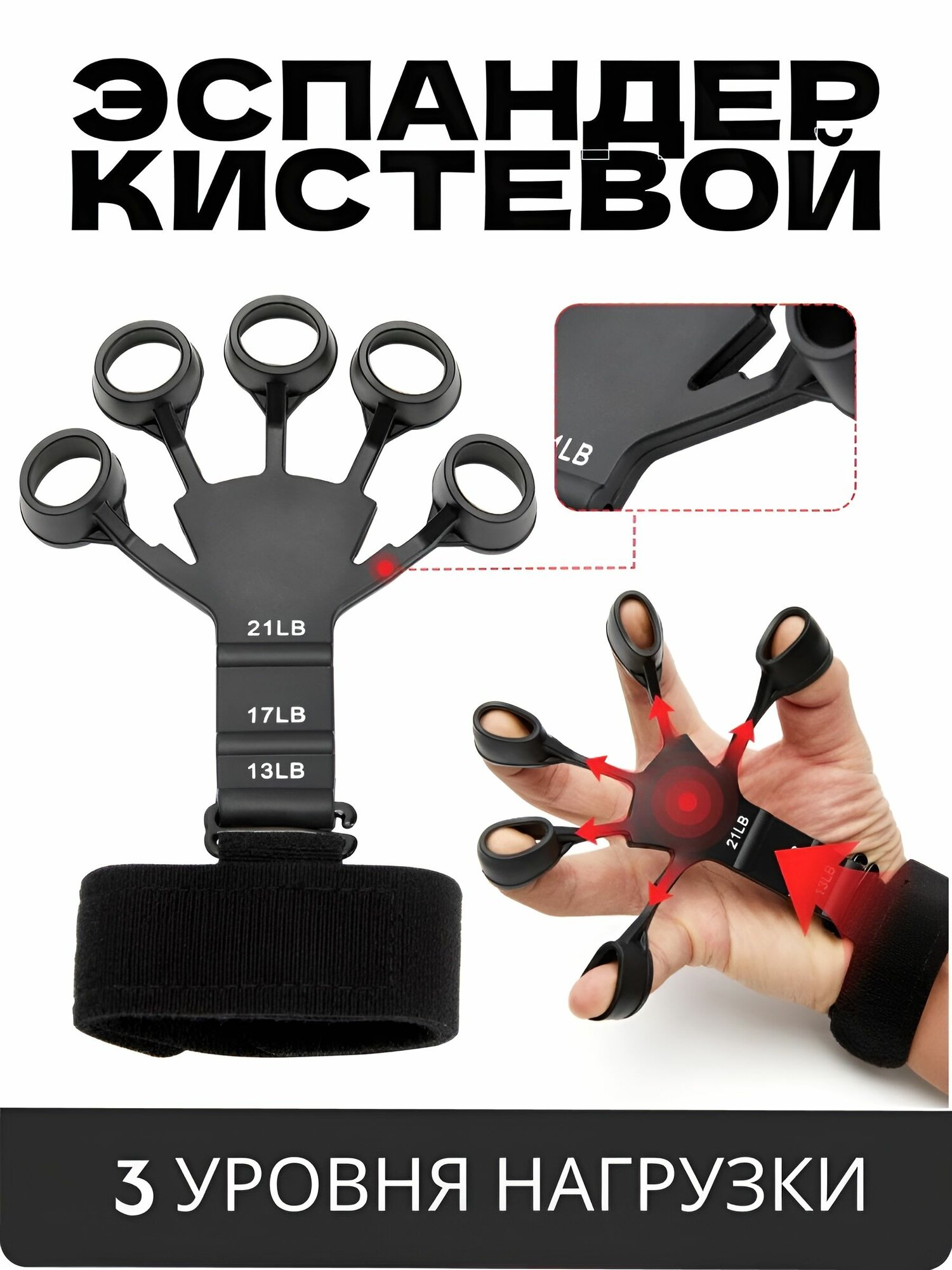 Эспандер для пальцев, кистевой (3 уровня нагрузки - 9.5кг, 7.7кг, 6кг), черный.
