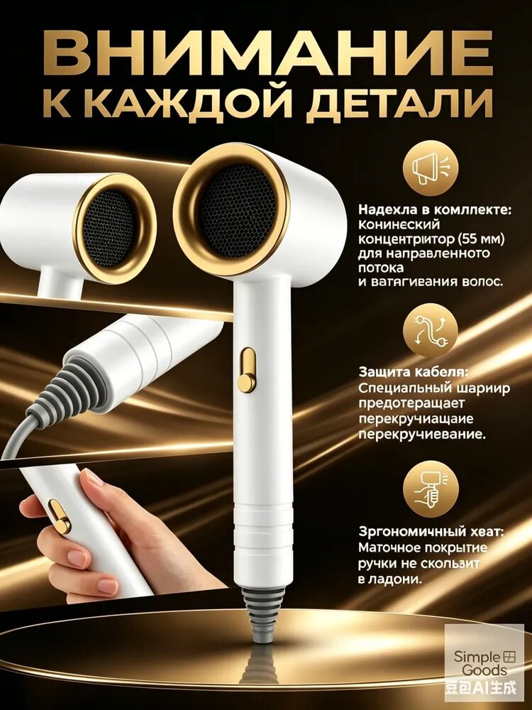 Фен для волос 019d0521a043723e9a14b4ef1f3d42a5, скоростей 3, кол-во насадок 1, белый