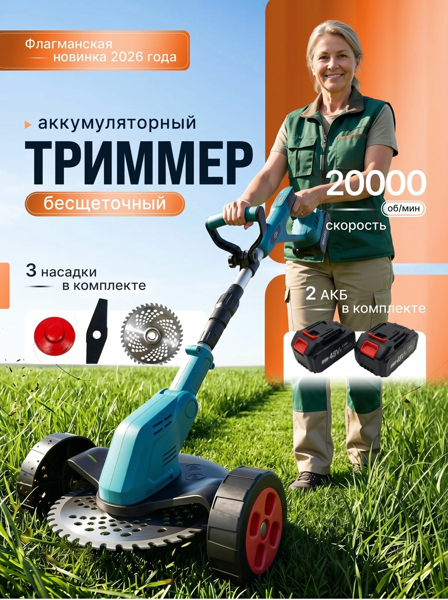 Бесщёточный Триммер аккумуляторный садовый на колёсах с диском, фрезой и катушкой с леской