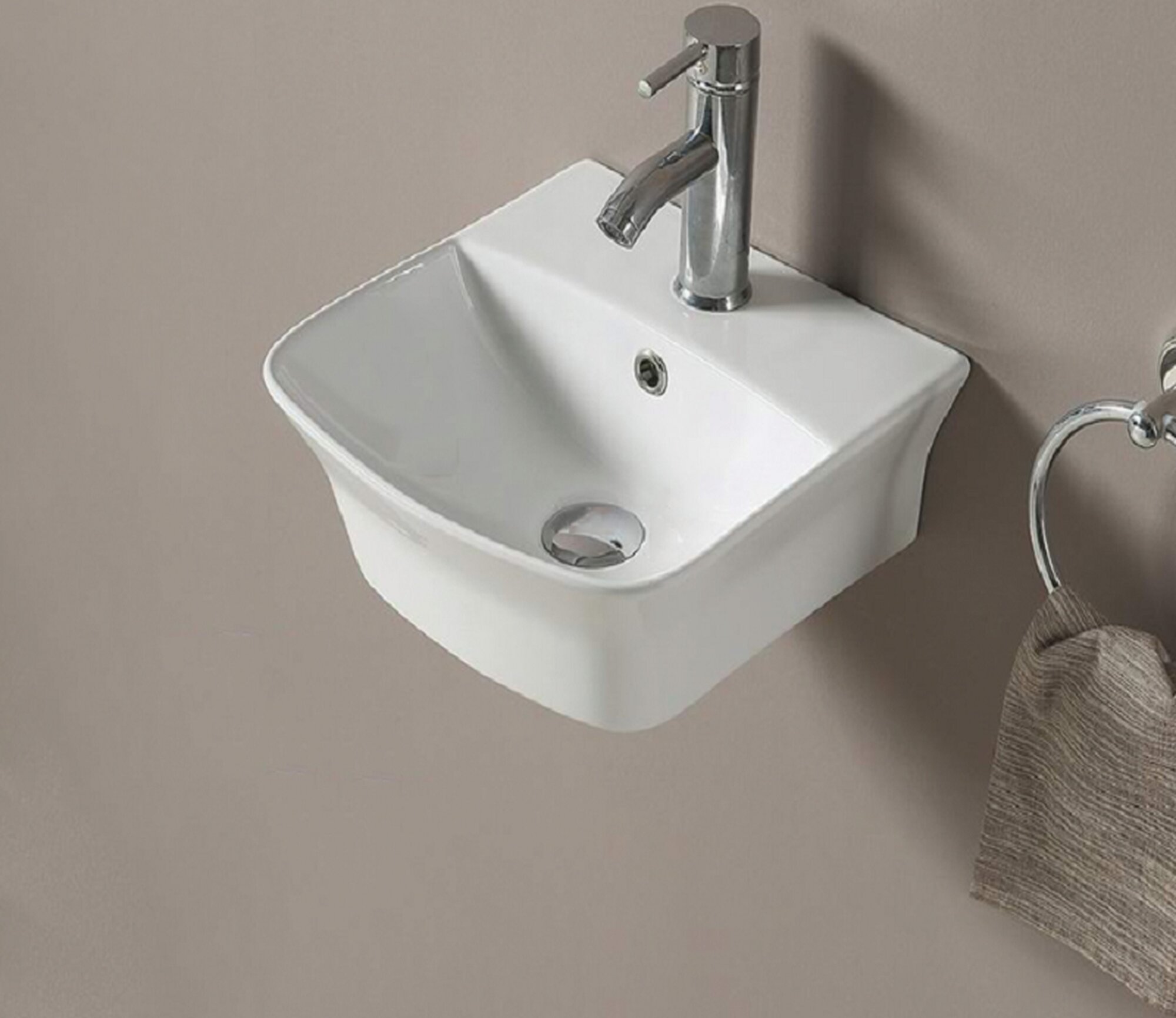 Раковина CeramaLux 78369С, подвесная, прямоугольная, фаянс, белая, с отверстием под смеситель