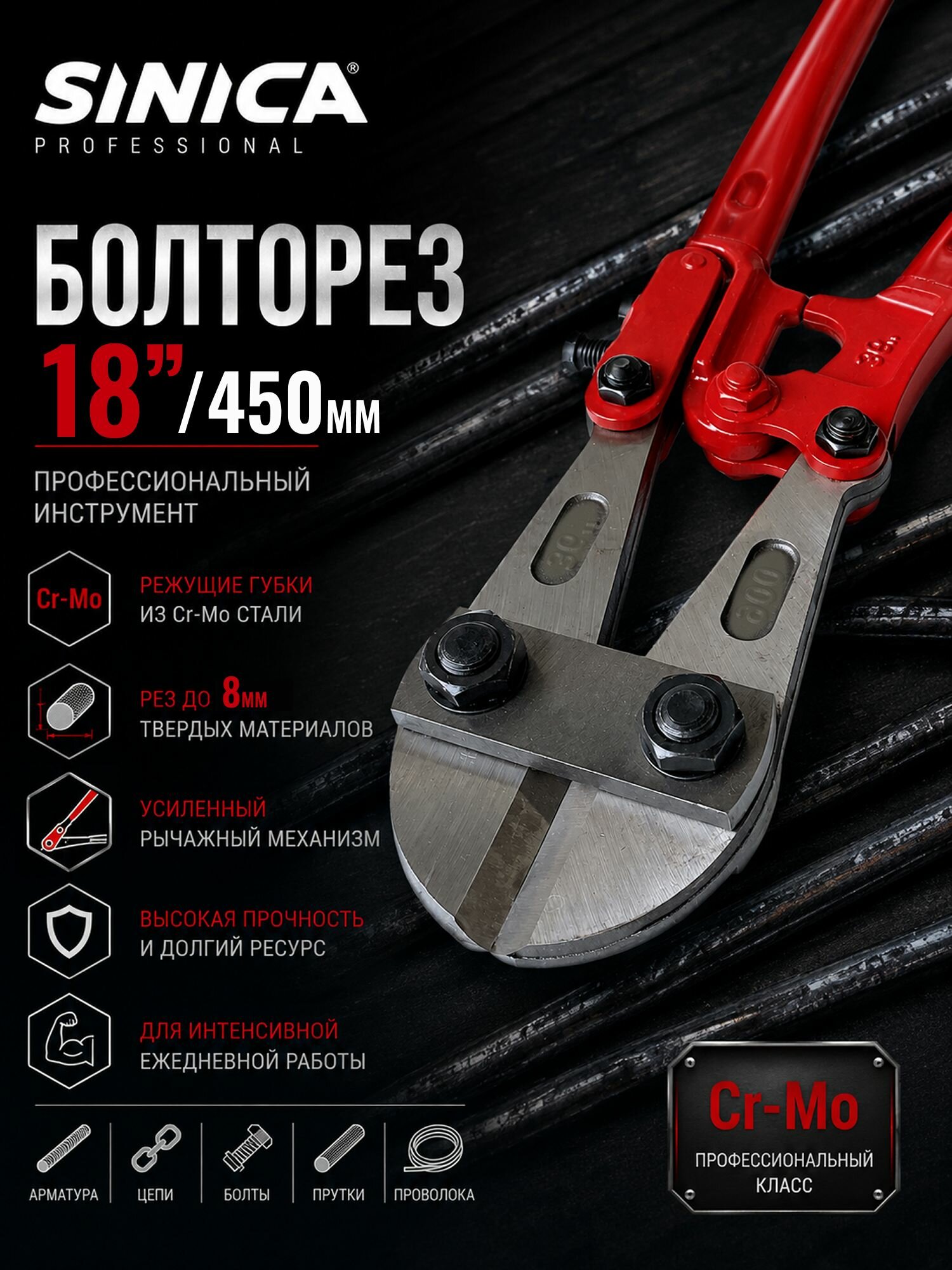 Болторез профессиональный SINICA 18" (450 мм) Cr-Mo, до 8 мм, для арматуры, проволоки, цепей, болтов и металла