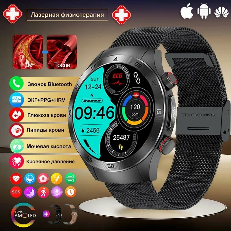 SACOSDING Смарт-часы, 46mm, Черная сетка+2 ремешок