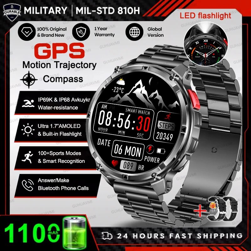 Мужские умные часы GPS Black Steel 2A, 1100 мАч