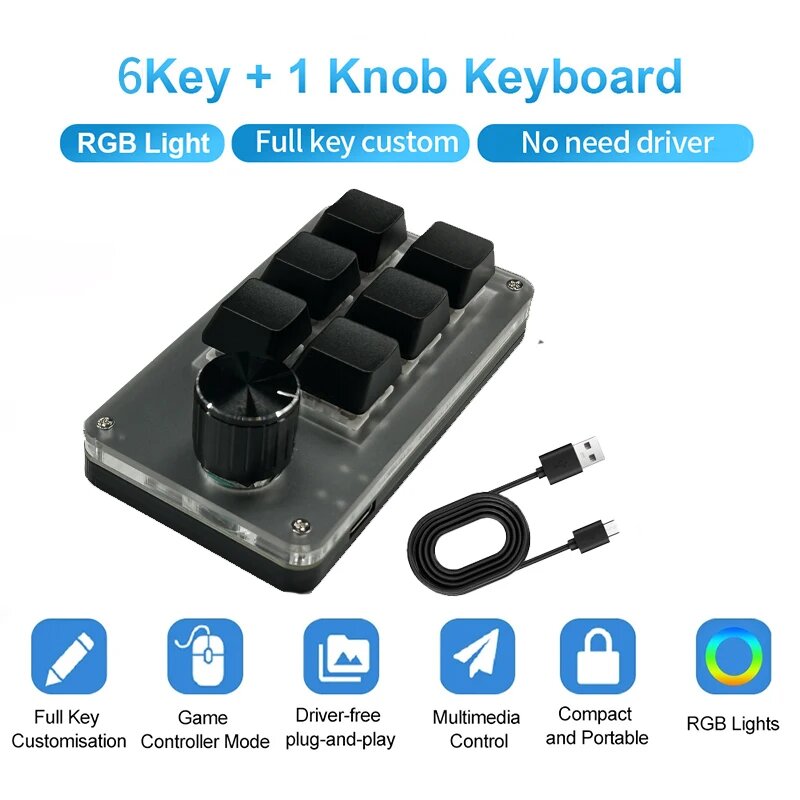 Мини механическая клавиатура 6 клавиш + 1 Knob, черная