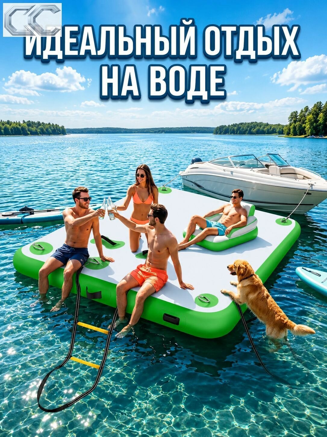 Надувная водная платформа ZACK — Удобная плавучая площадка для отдыха на воде, бассейна или моря. С подвесными креслами, терминалом для напитков и прочным ПВХ-дном，Кровать надувная 180х150 см