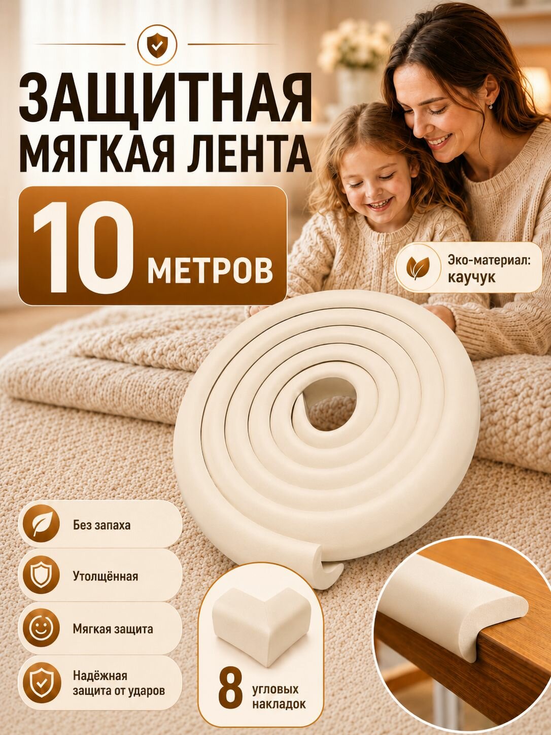 Мягкая защитная лента для безопасности ребенка 10м. Накладка на углы мебели и стен. Безопасность ребенка от ударов и падений.