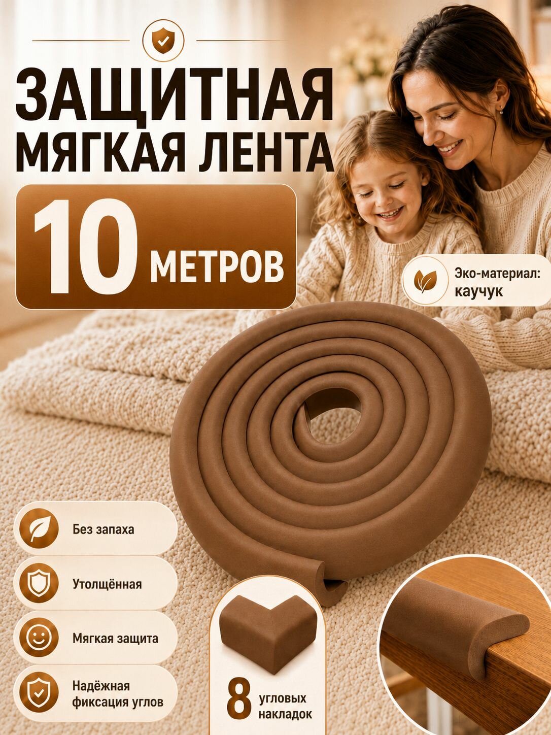 Мягкая защитная лента для безопасности ребенка 10м. Накладка на углы мебели и стен. Безопасность ребенка от ударов и падений.