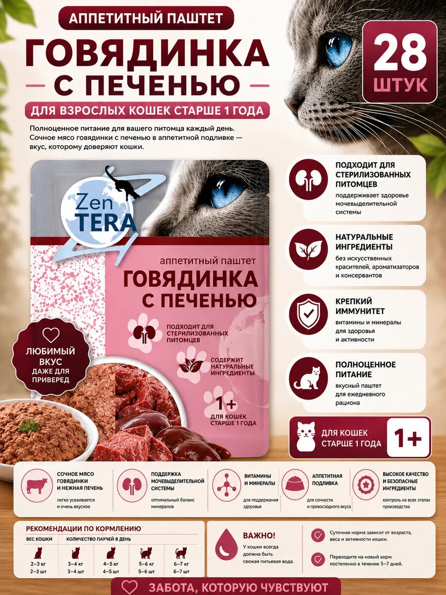 Корм для кошек паштет с говядинкой и печенью 28*75гр