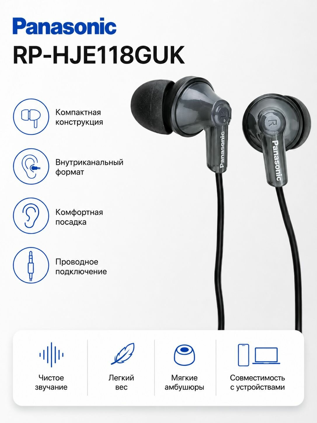 Наушники Panasonic RP-HJE118GUK вкладыши канального типа