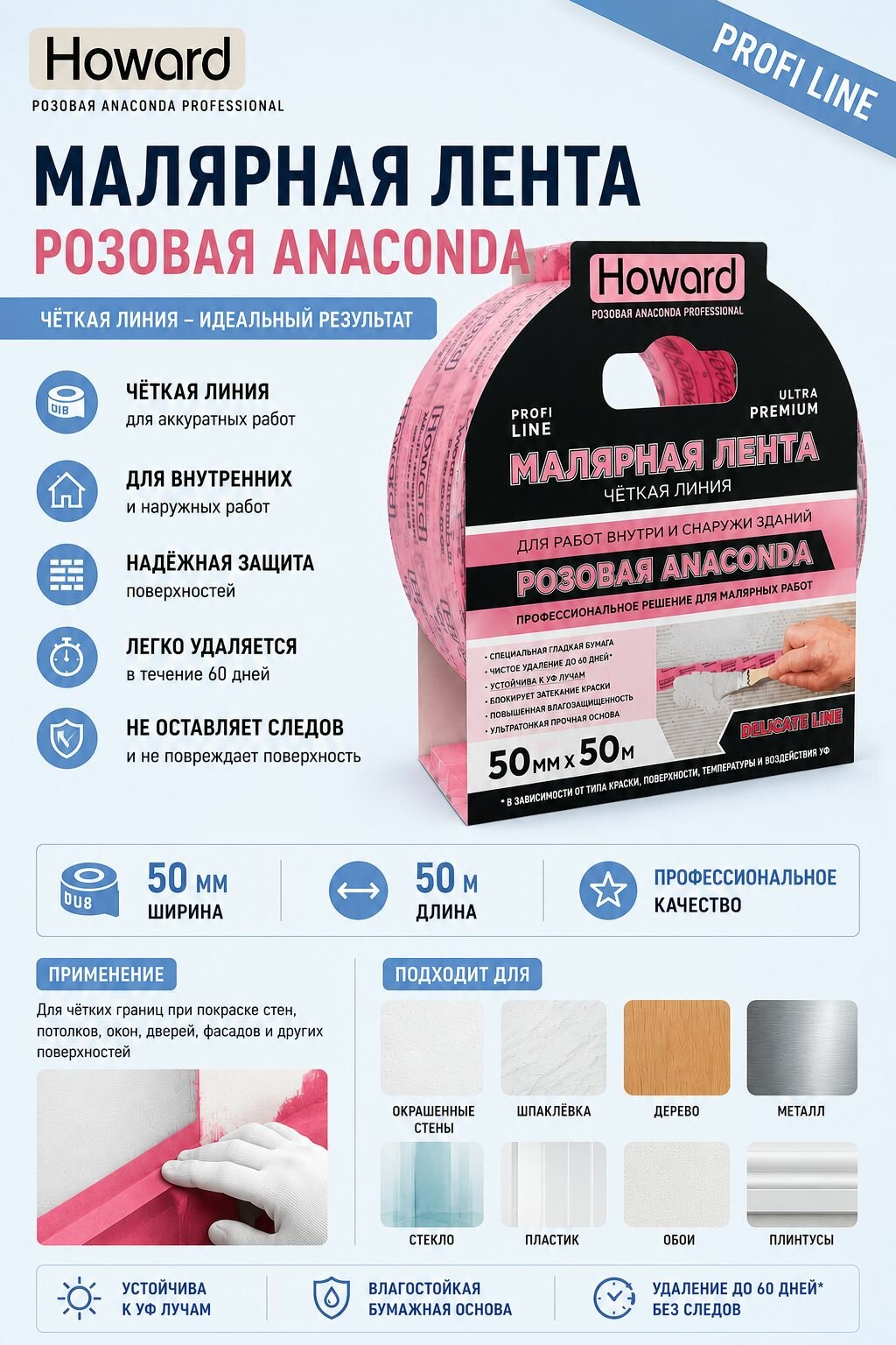 Малярная лента HOWARD (премиум) четкая линия Anaconda, 50 мм х 50 м