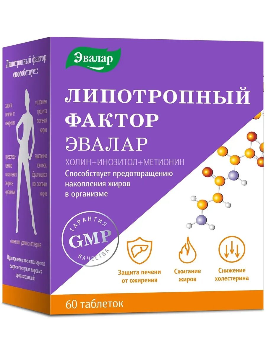 Липотропный фактор Эвалар таблетки п/о 1,2г 60шт -1 уп.
