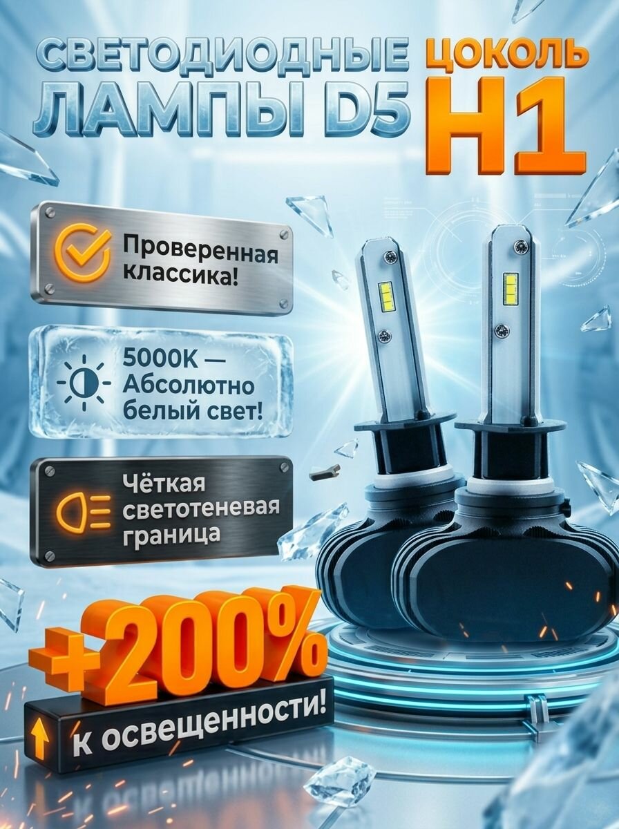 Светодиодные лампы Vizant D5 (2 шт.) цоколь H1 с чипом csp 4000lm 5000k