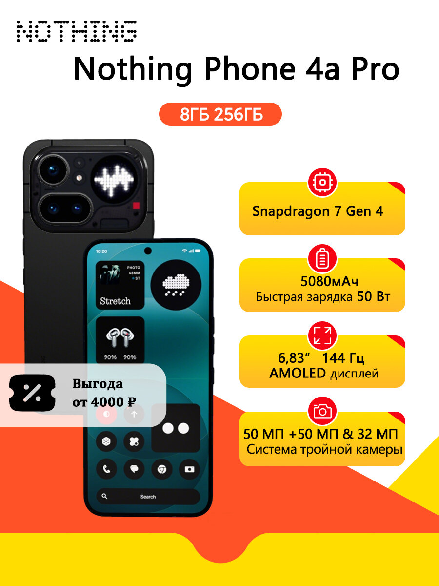 Смартфон Nothing Phone 4a Pro, чёрный, 8ГБ/256ГБ, защита IP65, AMOLED, 6.83", 144Г, церное
