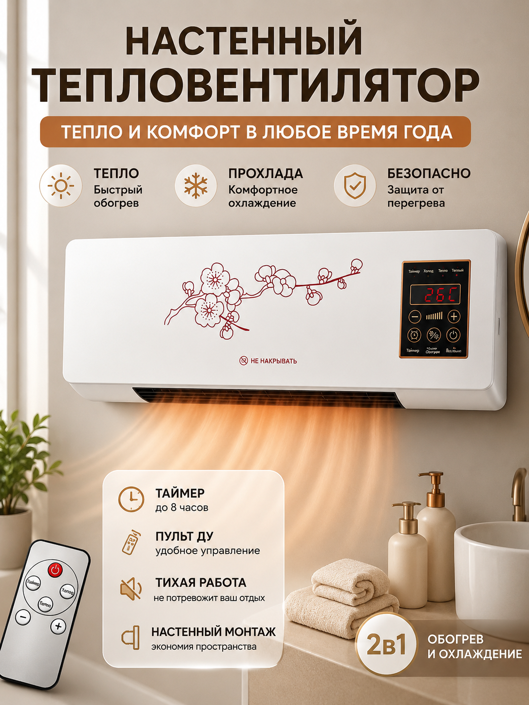 Мобильный небольшой кондиционер двойного назначения для обогрева и охлаждения, домашней спальни, настенный обогреватель