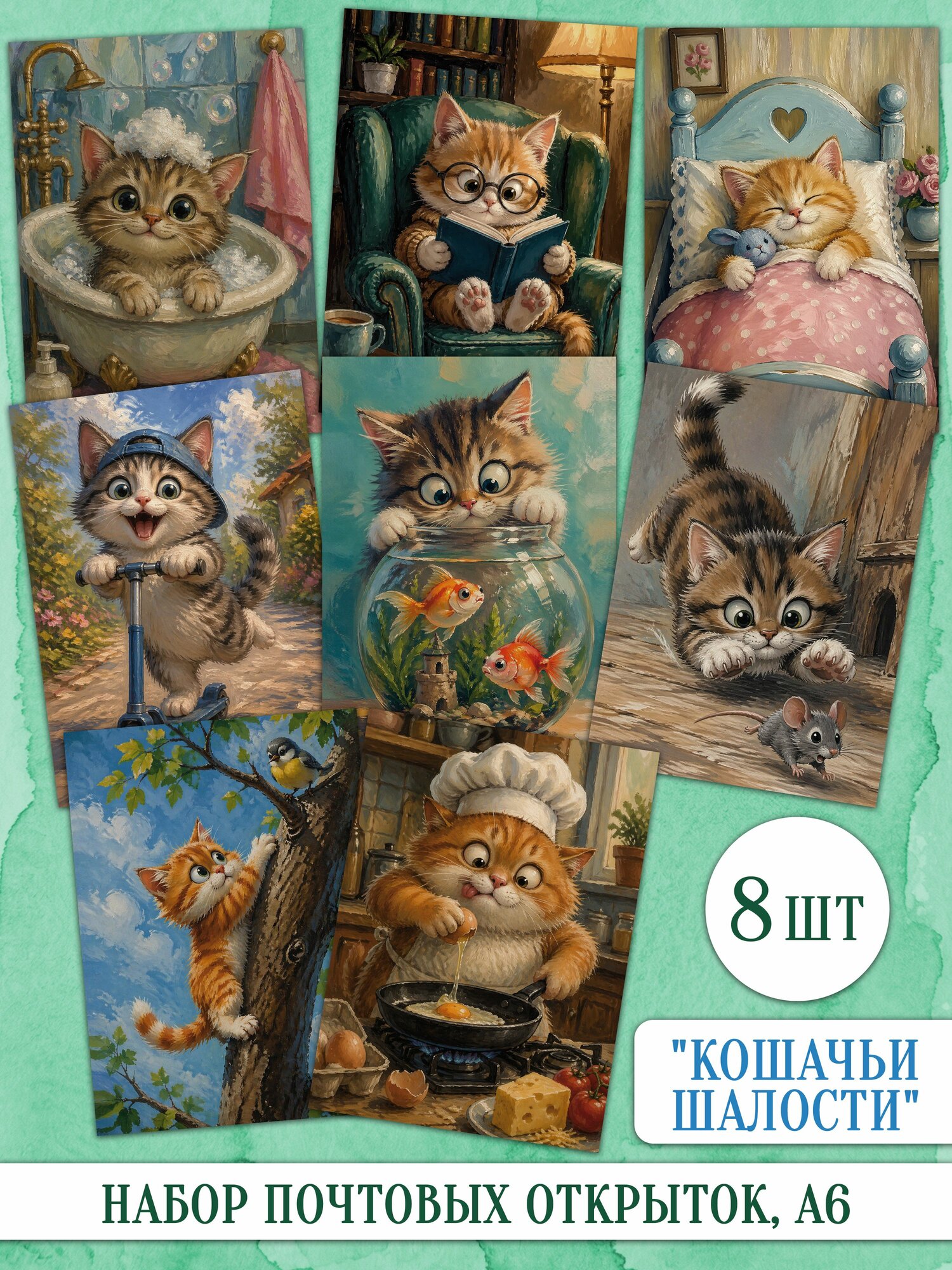 Набор открыток "Кошачьи Шалости", для посткроссинга, картон 300 гр/м, 10x15 см, 8 шт