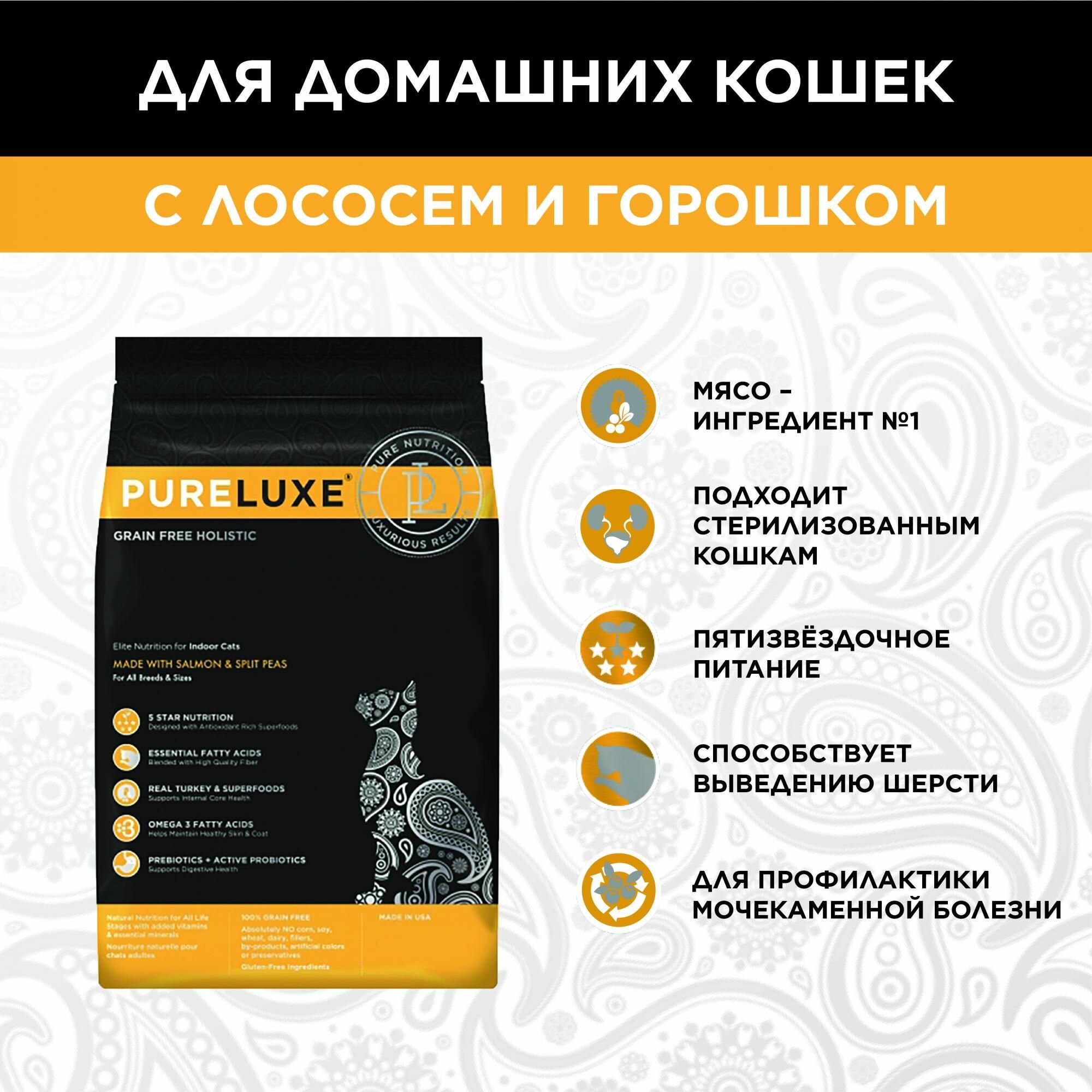 PURELUXE 1,5кг Элитное Питание для кошек домашних с лососем и горошком