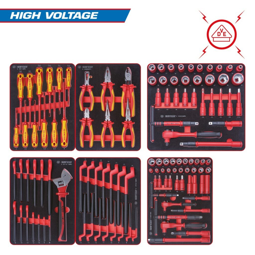 KING TONY Набор инструментов "HIGH VOLTAGE" для тележки, 6 ложементов, 117 предметов 932-117VEMRVD