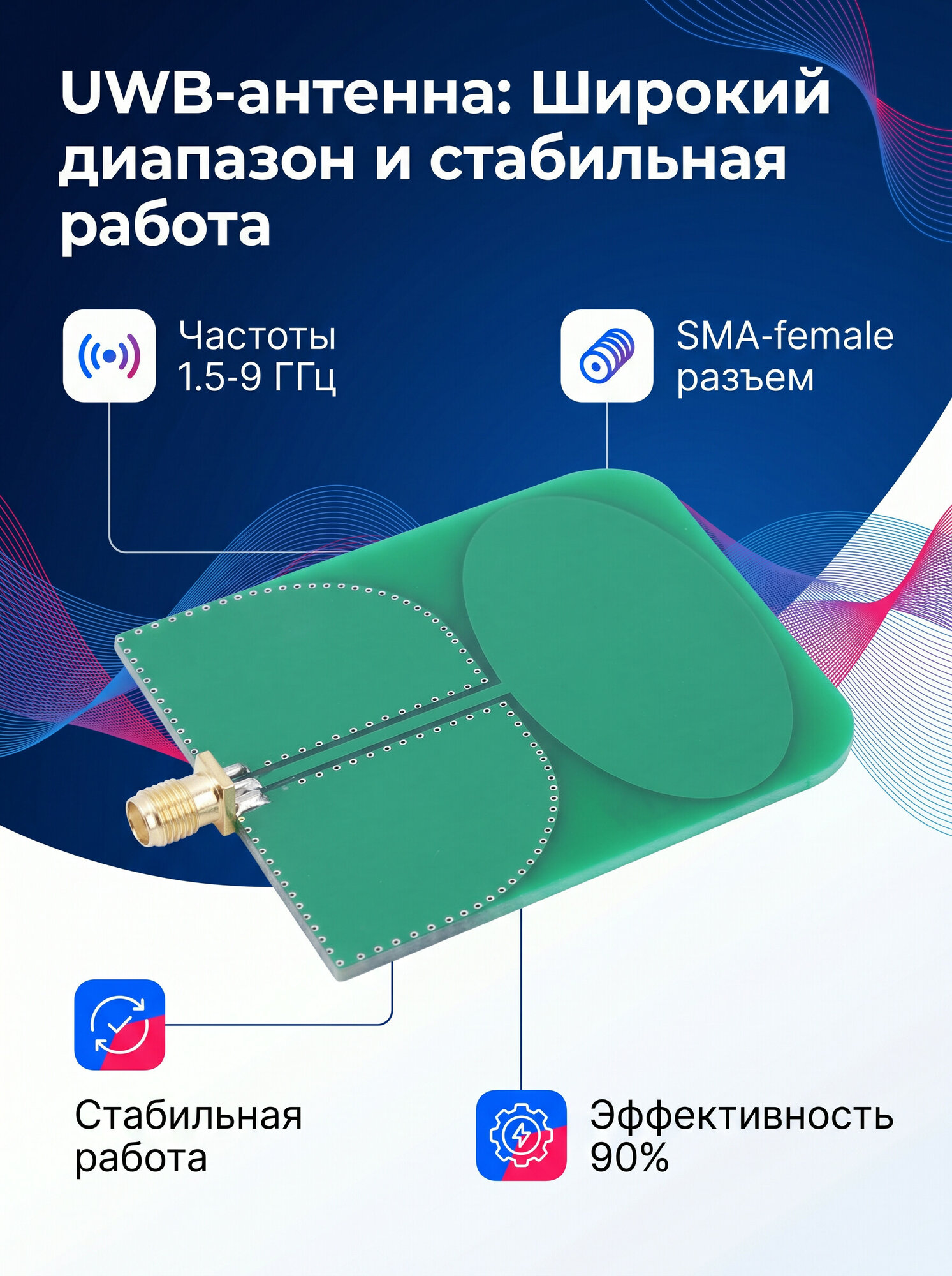 Всенаправленная антенна, диапазон частот 1,5–9 ГГц, разъем SMA, сверхширокополосная антенна.