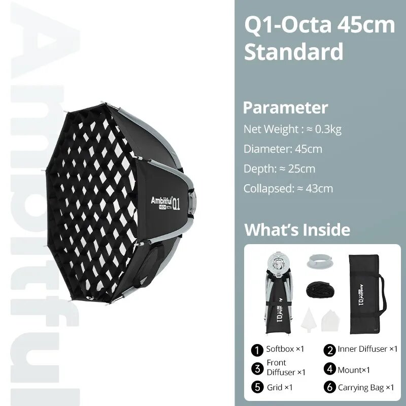 AMBITFUL Q1 Серии Софтбокс 30/45/55см Mini Bowens Mount, Q1 octa 45cm
