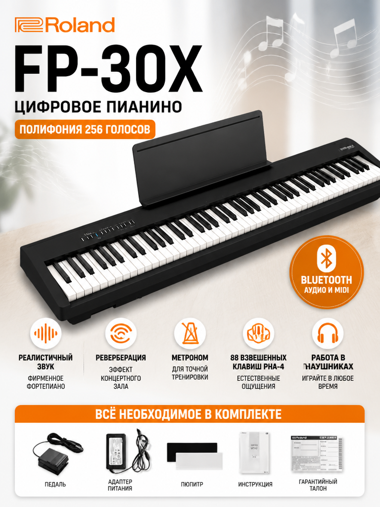 Синтезатор Roland FP-30X, клавиши PHA, полифония 256, реверберация, метроном, Bluetooth