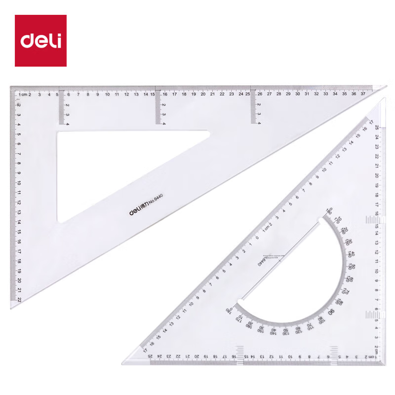 Deli 38cm Triangle Ruler, Equal-Sided Right Triangle Ruler + Oblique Triangle Ruler, High Transparency Wear-Resistant with Protractor, 2-Piece Set