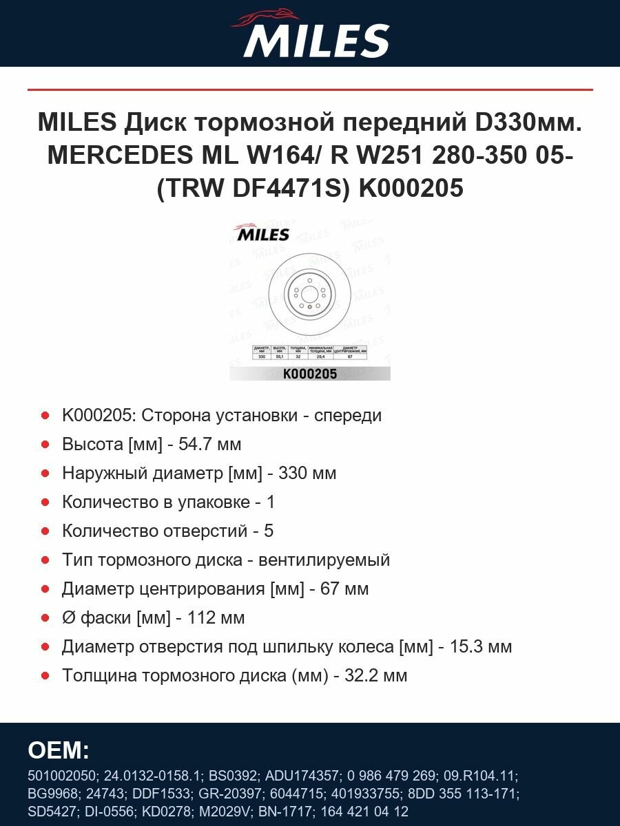 MILES Диск тормозной передний D330мм. MERCEDES ML W164/ R W251 280-350 05- (TRW DF4471S) K000205