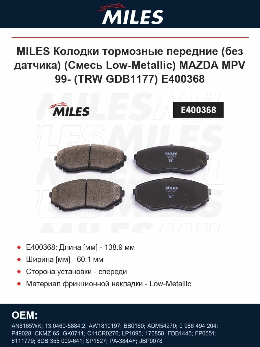 MILES Колодки тормозные передние (без датчика) (Смесь Low-Metallic) MAZDA MPV 99- (TRW GDB1177) E400368
