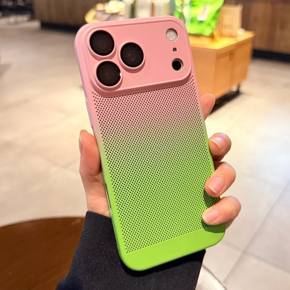 Ультратонкий дышащий летний чехол с градиентом для iPhone 17 16 15 14 13 iPhone 16 Pro, Pink Green