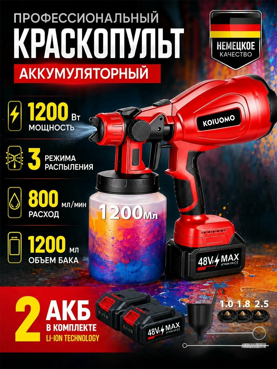 KOIUOMO Краскопульт аккумуляторный 1200 Вт , 3 сопла, универсальный, быстросъемный, ручной для покраски, для ремонта С горшком 1000 мл.