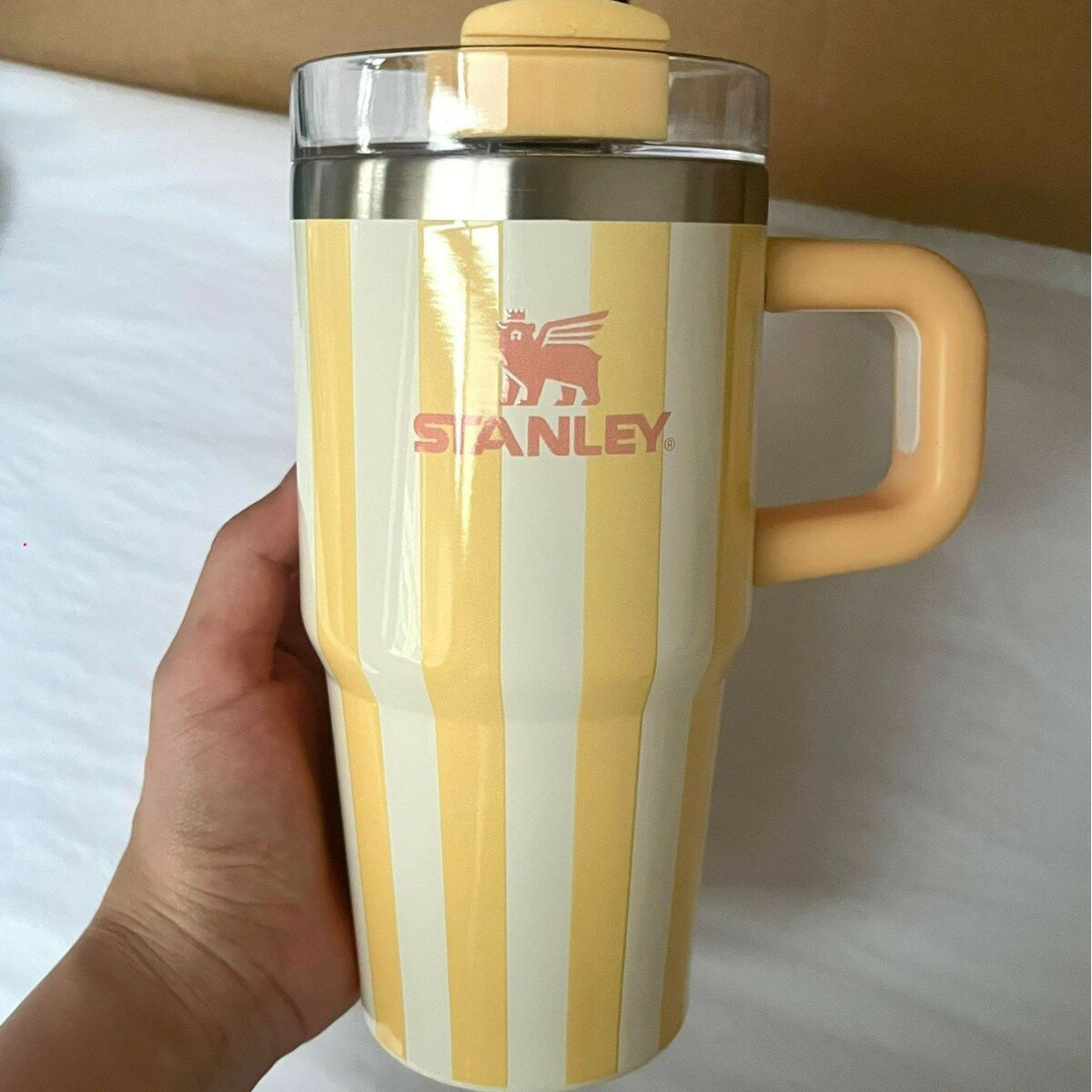 Термокружка 20oz с полосатым принтом, сталь 304, с ручкой и соломинкой для авто