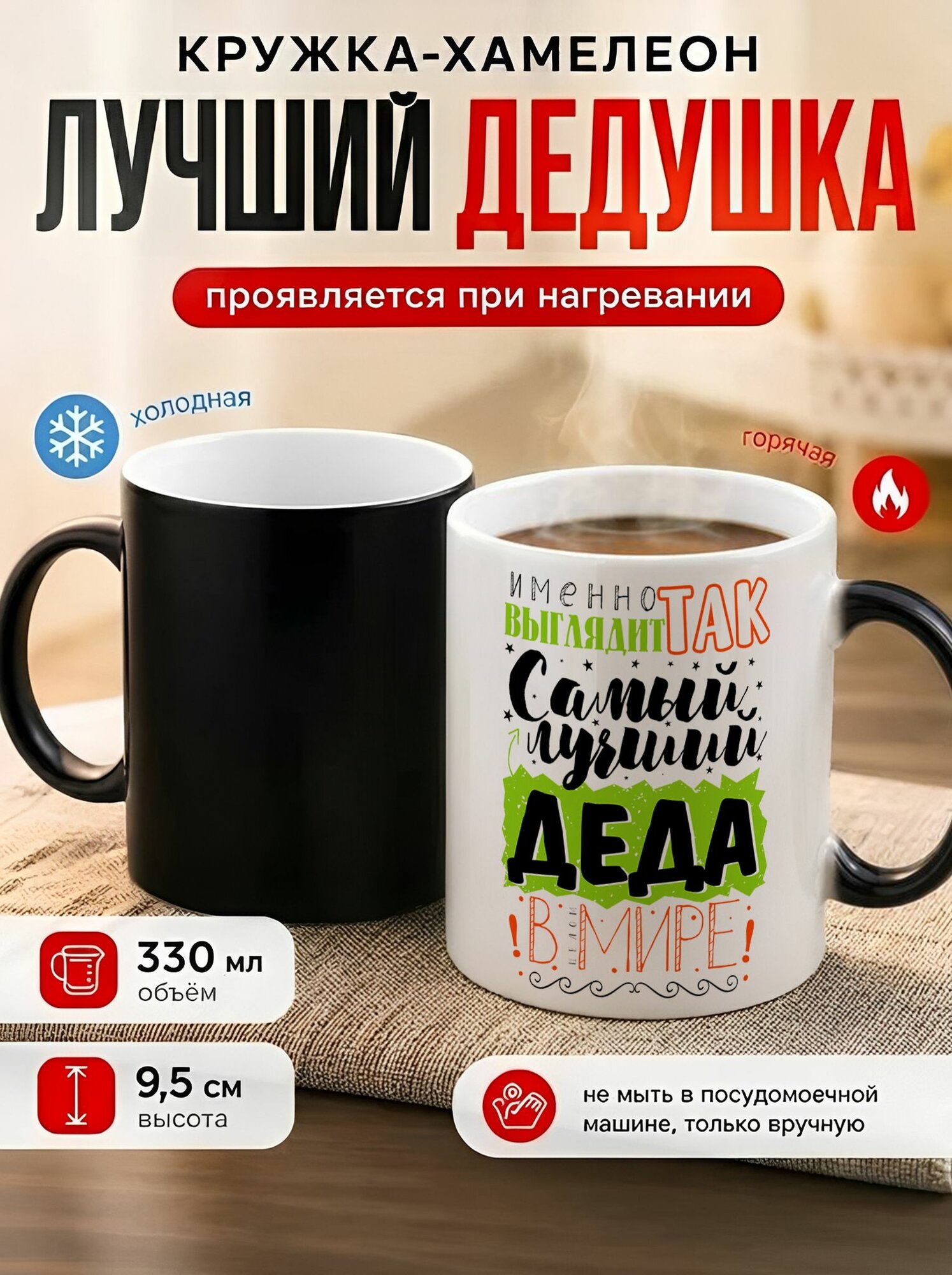 Кружка хамелеон для чая и кофе подарок с приколом, принтом и надписью дедушке "Лучший деда в Мире"