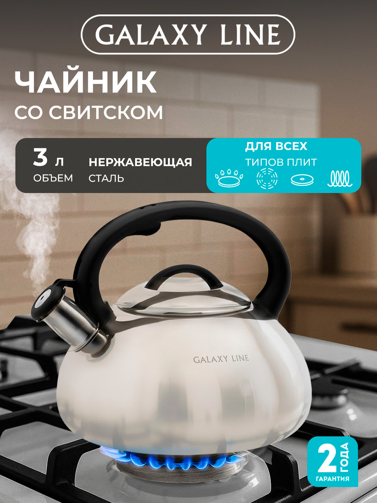 Чайник для газовой и индукционной плиты 3 литра со свистком GALAXY LINE GL 9207, нержавеющая сталь