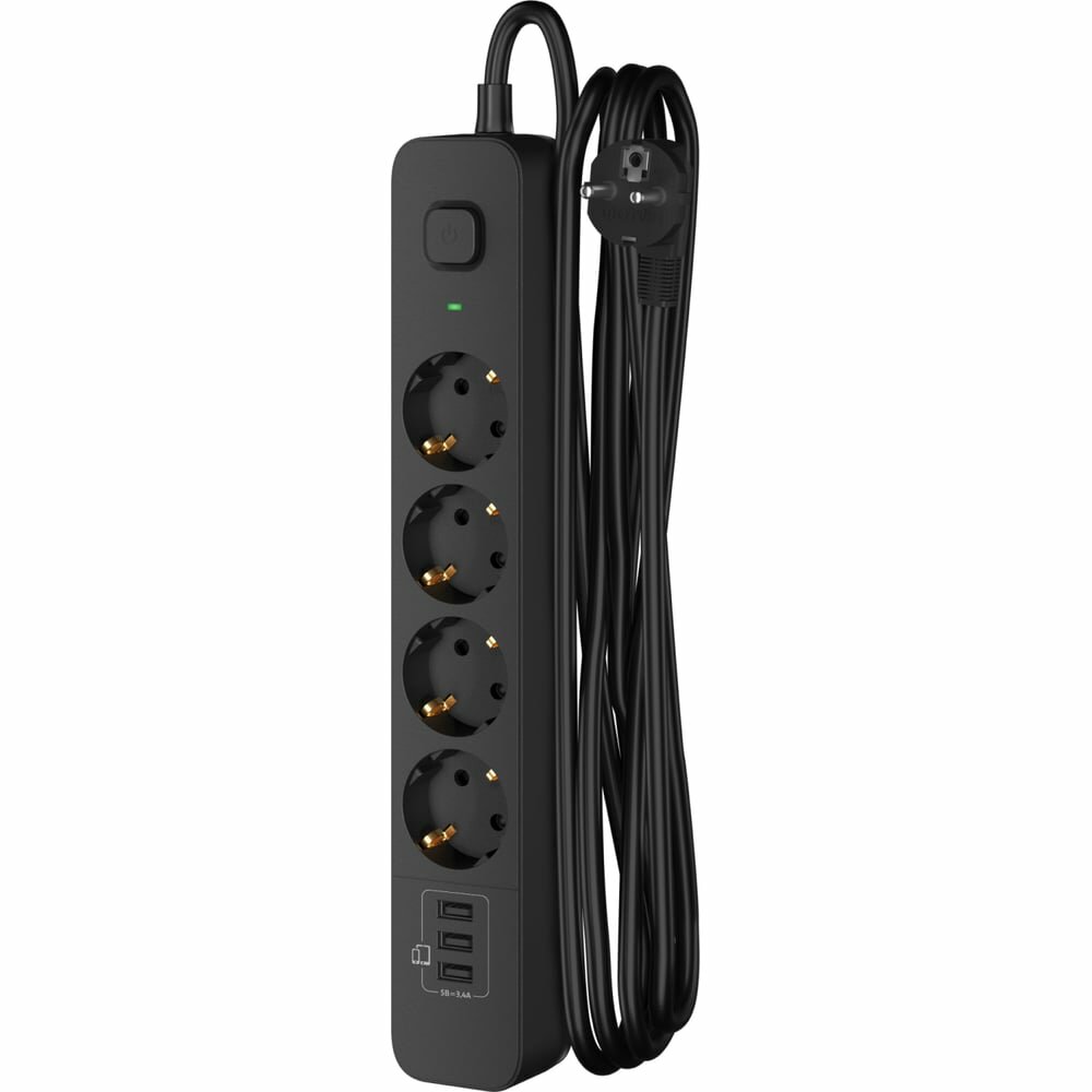 Удлинитель сетевой с USB, 2 м, 4 розетки, 16А, с заземлением, с выключателем, USB-A, 3,4A, Фотон, черный 25725