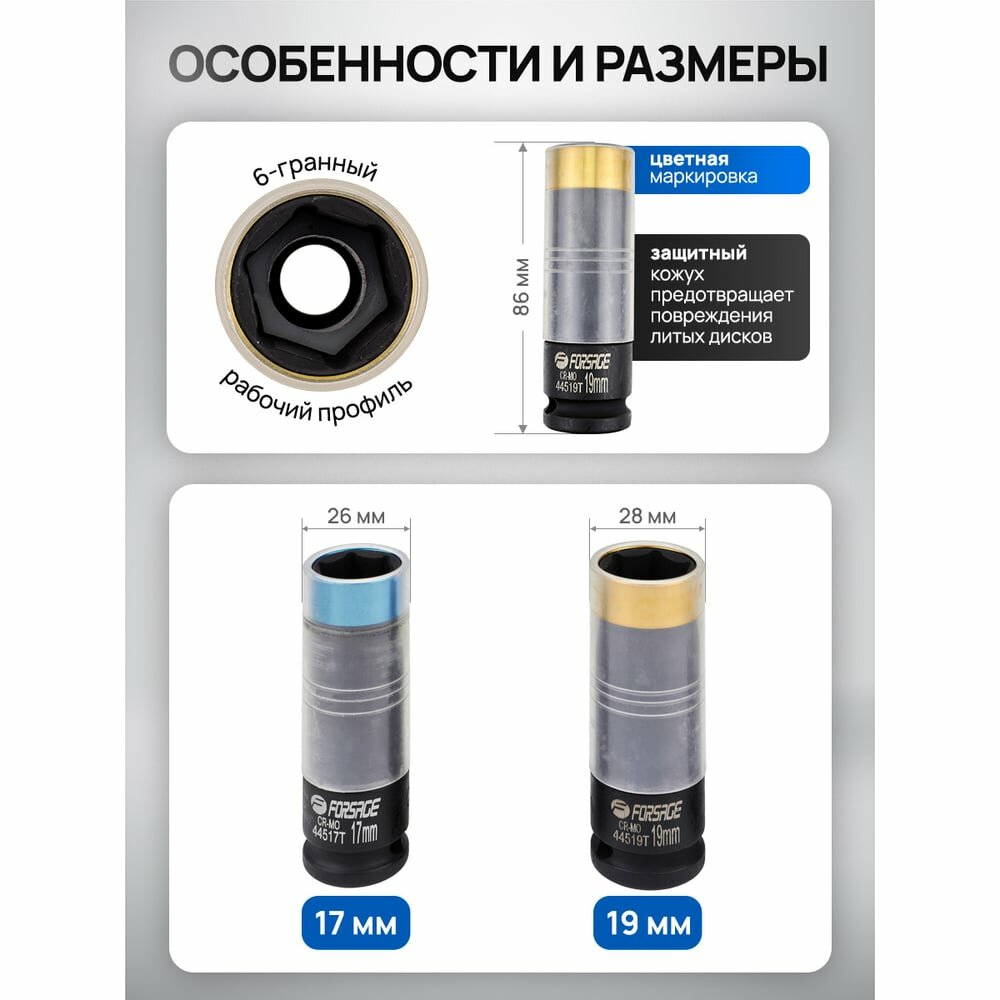 Головки набор Forsage 4 предмета (17, 19мм (6гр.), 17, 19мм (сорв. гр.) F-4035D(65878) — фото 1