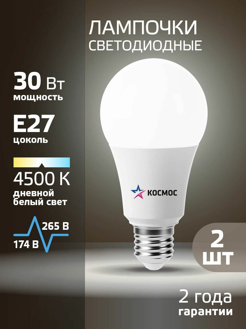 Лампочка светодиодная Е27 30 ВТ дневной свет 2 шт