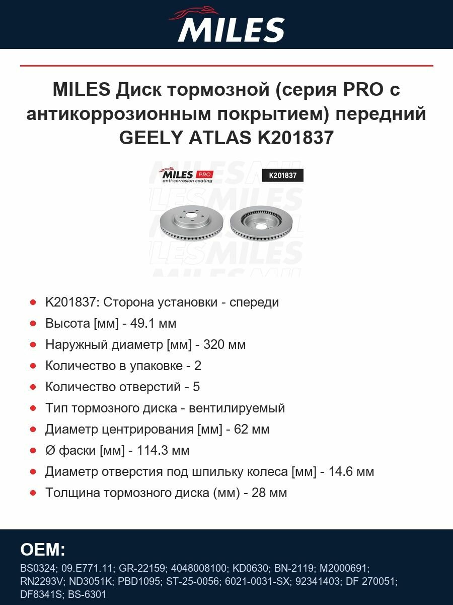 MILES Диск тормозной (серия PRO с антикоррозионным покрытием) передний GEELY ATLAS K201837