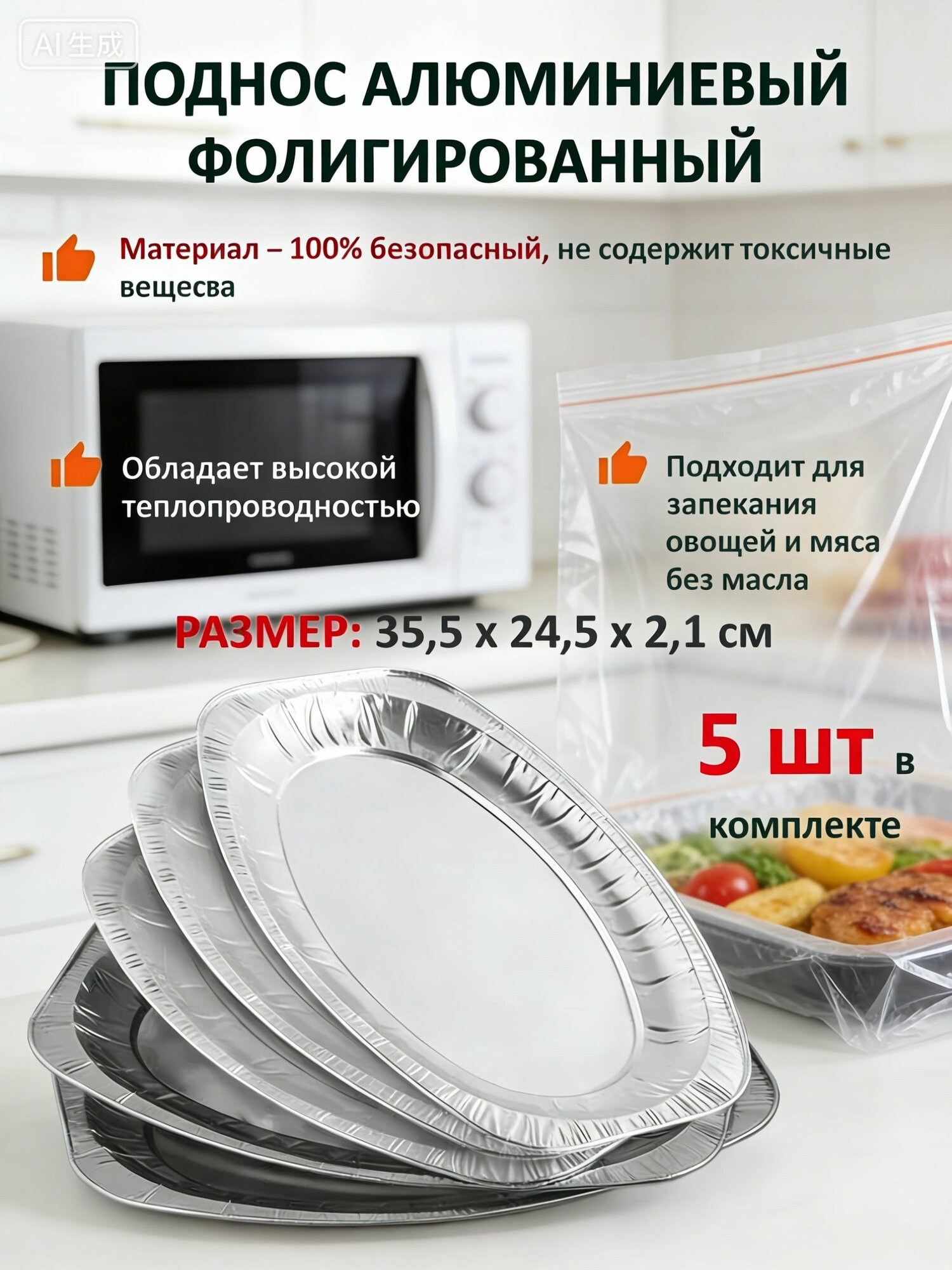 Набор одноразовой посуды из фольги 5 шт, профессиональные подносы для кейтеринга и банкетов 43х27.5 см. Овальные блюда для подачи готовых блюд, рыбы и мяса.