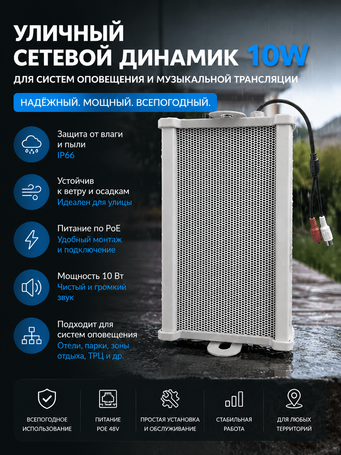 Водонепроницаемая уличная колонка, Система сетевого вещания для туристических зон, с питанием через PoE