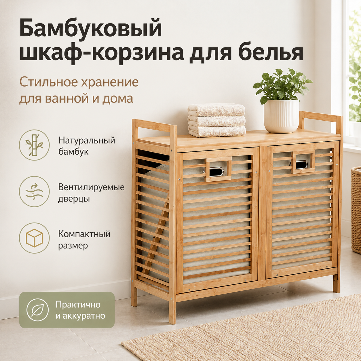 Стеллаж для ванной с корзинами для белья Bambuchka из бамбука, Этажерка для ванной, размер 80х30х72 см