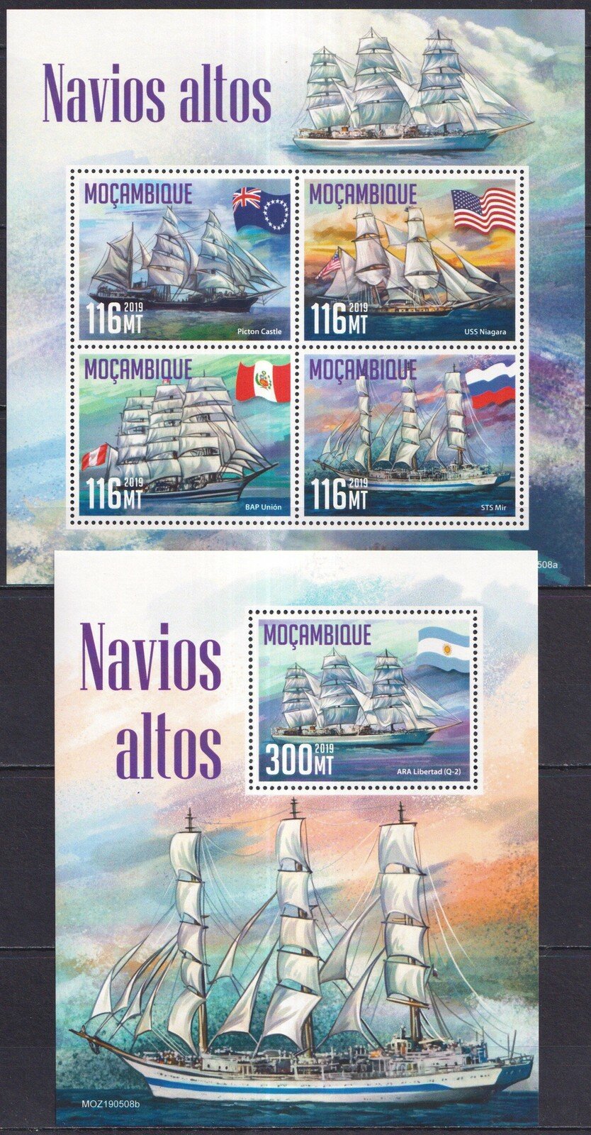 Марки 2019 год Мозамбик Высокие парусники Россия США Транспорт #10666-669+Bl1569 Mnh