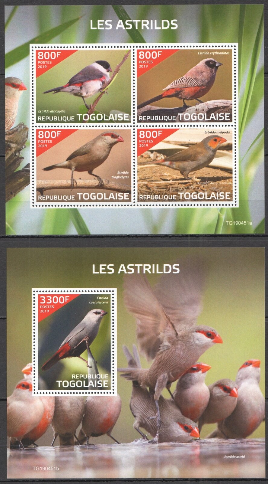 Марки 2019 год Тго Астрильды Птицы Фауна #7482-7485+Bl1724 Mnh
