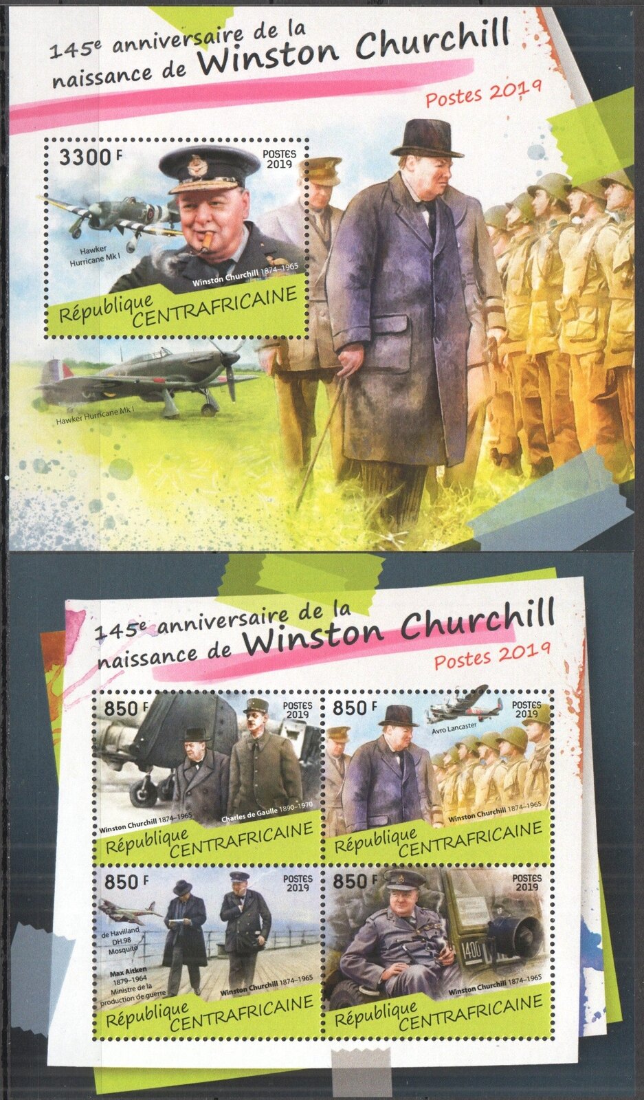 Марки 2019 год Центральная Африка Уинстон Черчилль Вторая мировая война WWII #8682-8685+Bl1929 Mnh