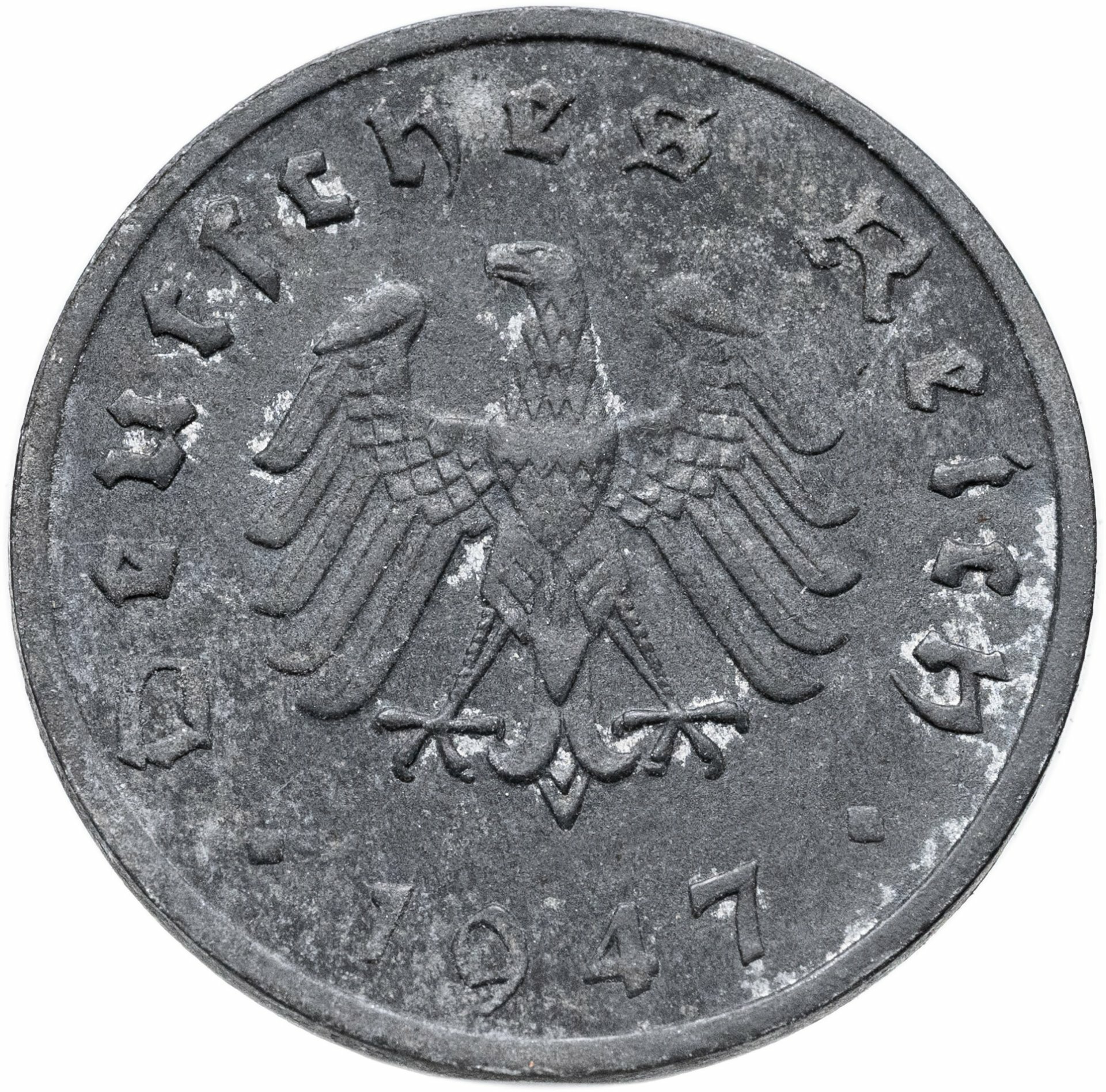Германия, послевоенная оккупация 10 рейхспфеннигов reichspfennig 1947, знак монетного двора: "F" - Штутгарт, Цинк, в сохранности VF-XF
